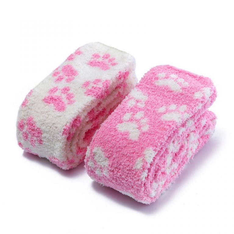 Cute Coral Fleece Thigh High Long Paws Patten Socks 2 Pairs-Pink Paws ...