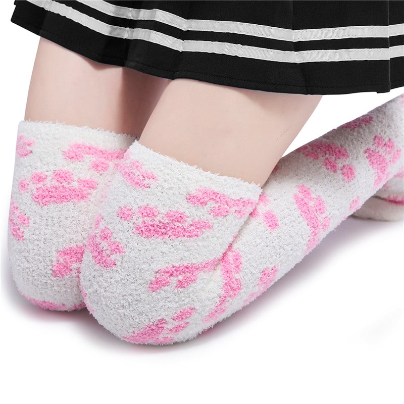 Cute Coral Fleece Thigh High Long Paws Patten Socks 2 Pairs-Pink Paws ...